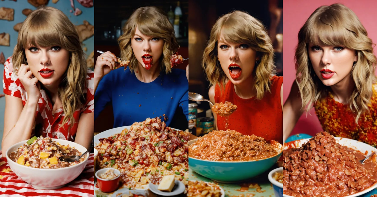 Lexica - Photo realistic shot of taylor swift eating a pile of slop ...