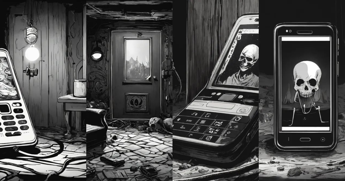 Lexica - Black and white illustration of evil smart phone, in dark room ...