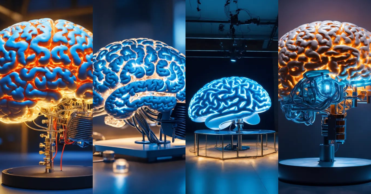 Lexica - "illuminated thought process", glowing brain center stage ...