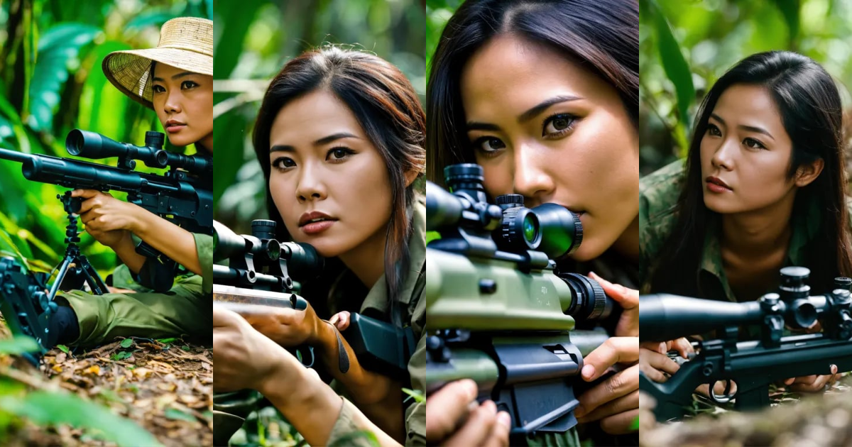 Lexica - Close-up, a beautiful female sniper lying behind the gun in ...