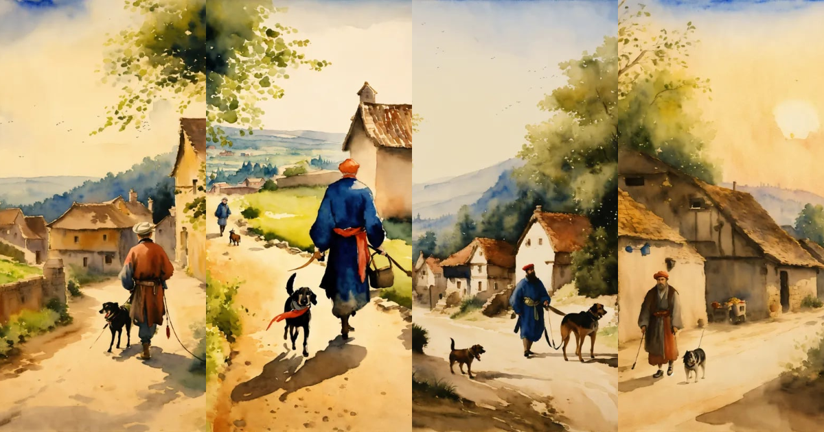 Lexica - Watercolor, merchant with his dog walking towards a village