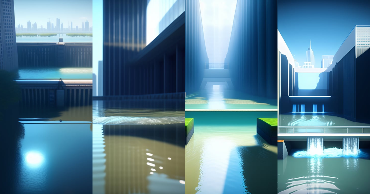 Lexica - Dam cracked, clear blue water flooding, flooded office ...