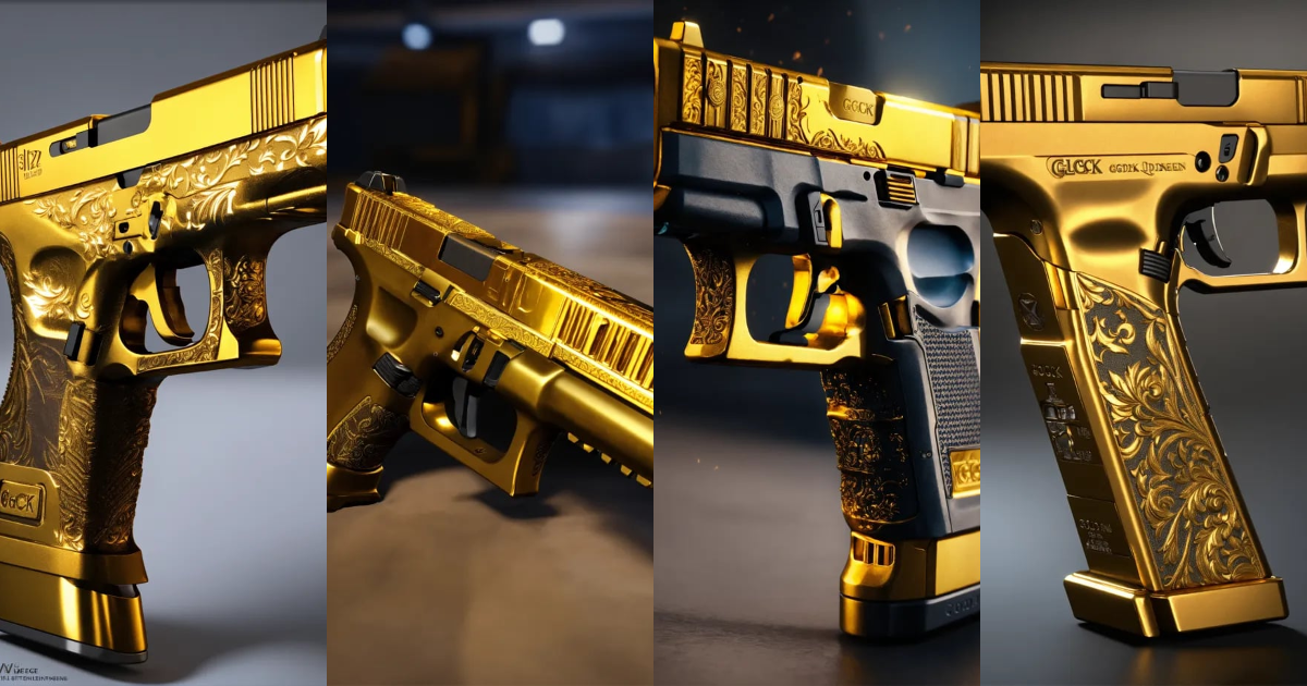 Lexica - (SIDE-VIEW) golden, glock, intricate design, 32K, UNREAL ENGINE
