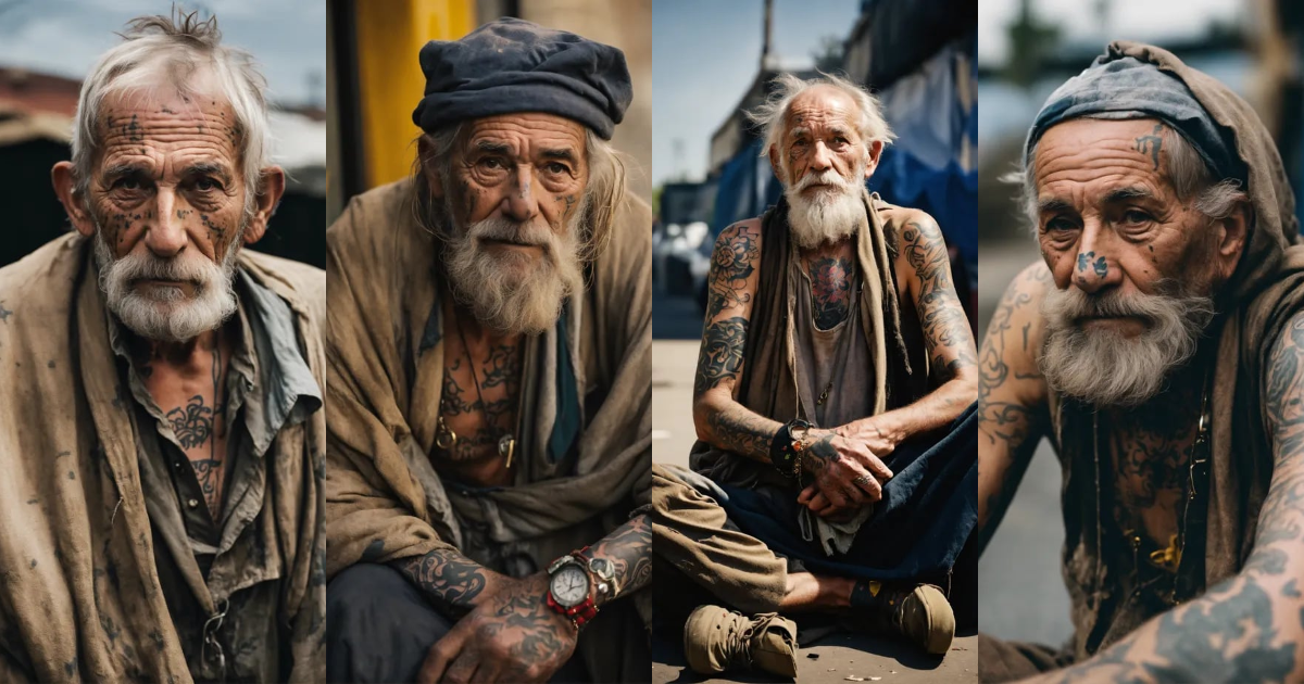 Lexica - Homeless old man in dirty dresses with tattoos covered face