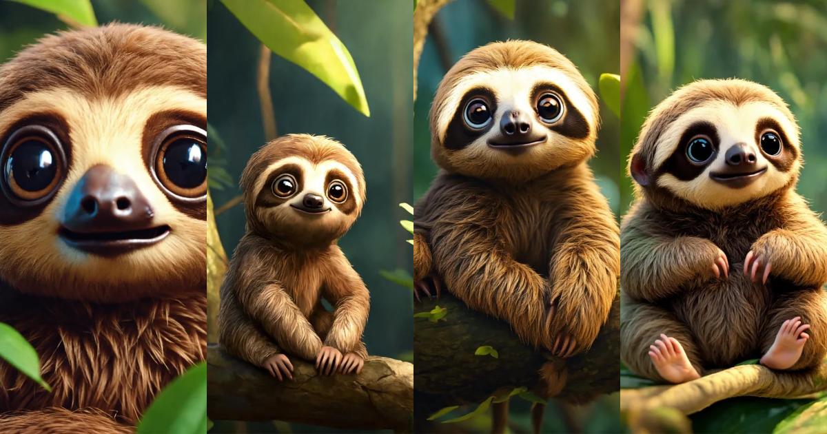 Lexica - A cute baby sloth with big eyes, animated, cartoon, unreal.