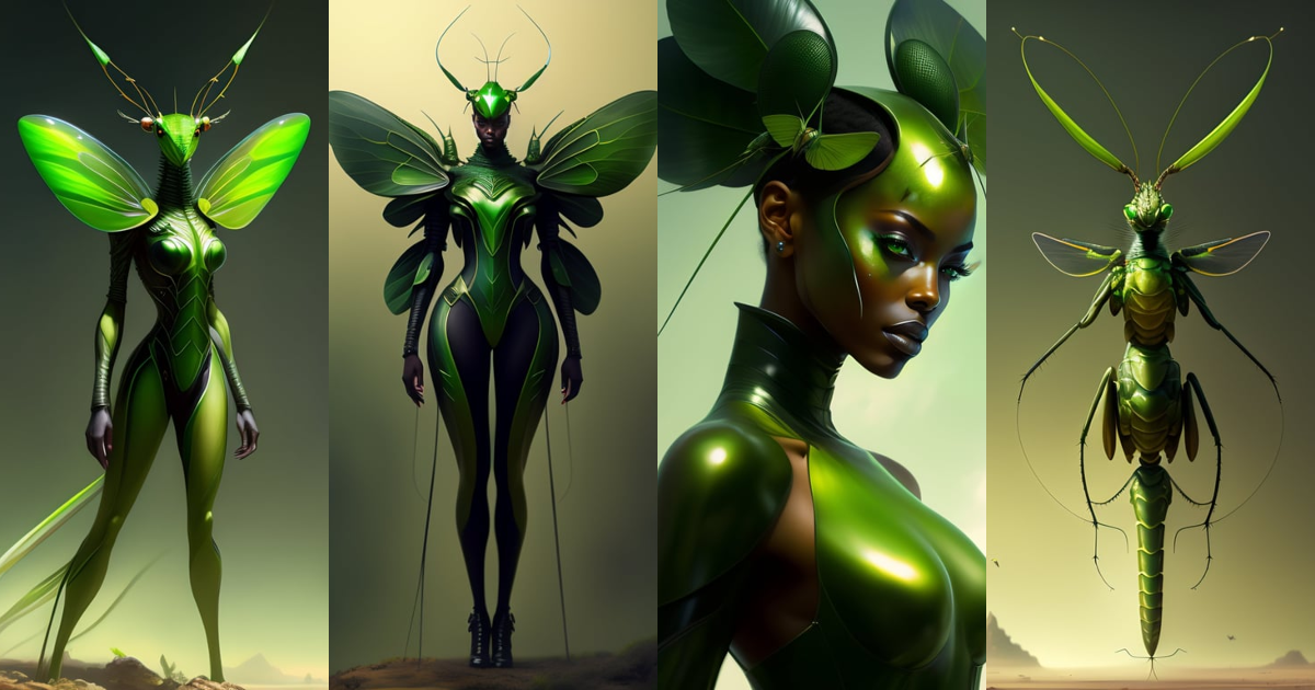 Lexica - Full body shot a of green human - mantis ; head with antennae ...