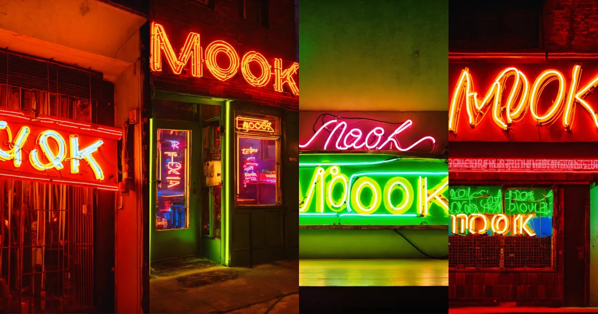 Lexica - Vintage neon sign that says, "MOOK" at a club