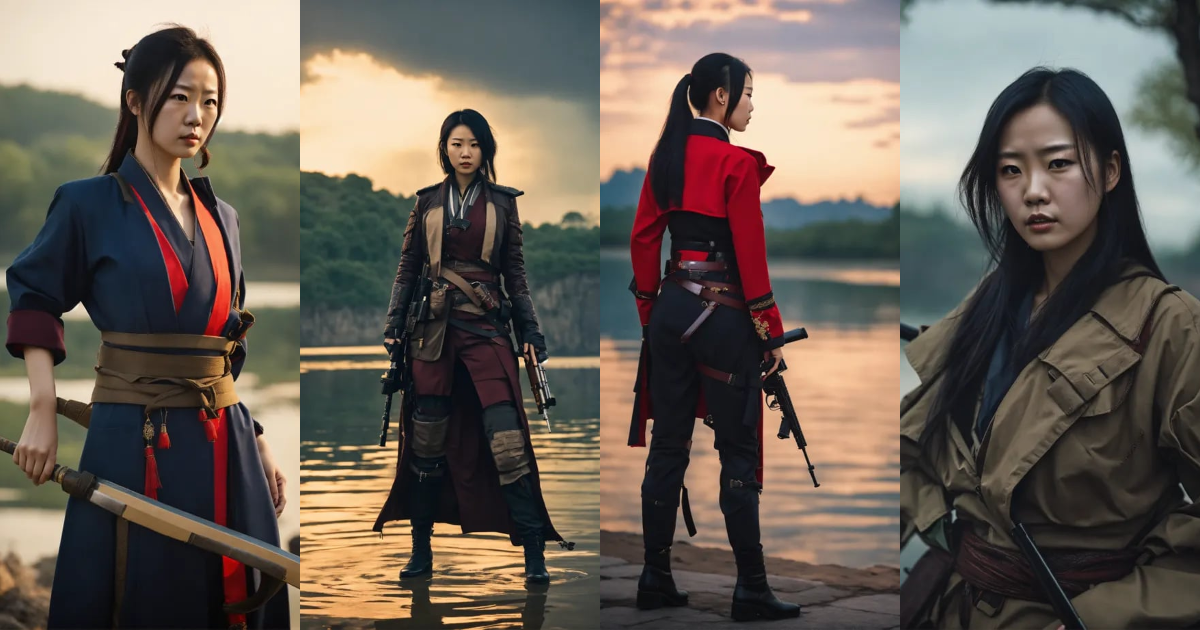 Lexica - Modern chinese female assassin, long-distance mood shot by lake