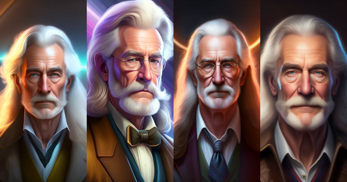 Lexica - Old man facing camera, scientist look , sci-fic background ...