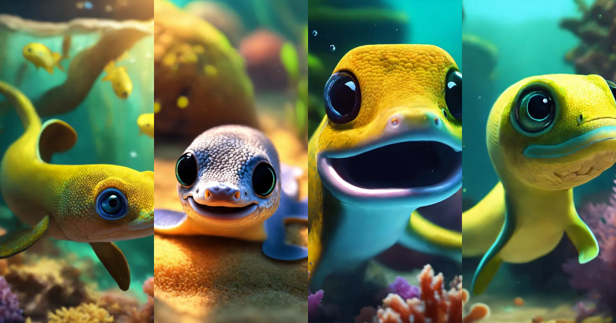 Lexica - A cute baby moray eel with big eyes, animated, cartoon, unreal.