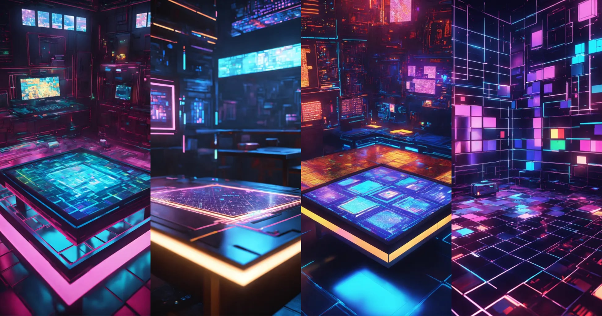 Lexica - Hologram of pixel squares above the cybernetic table ...