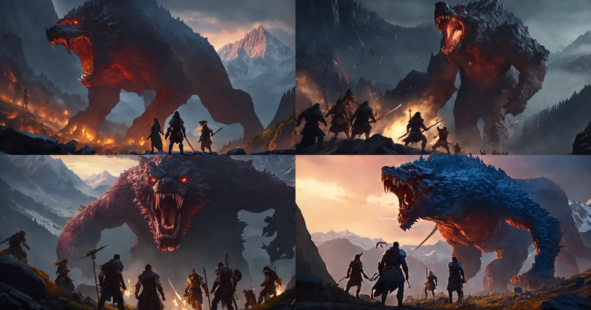 Lexica - Giant humans fighting giants with jagged teeth that have an ...