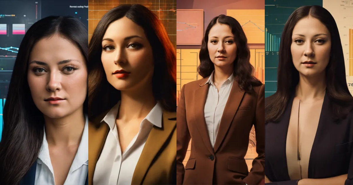 Lexica - Woman chief data officer with graphs and bar charts in the background, style of mona lisa