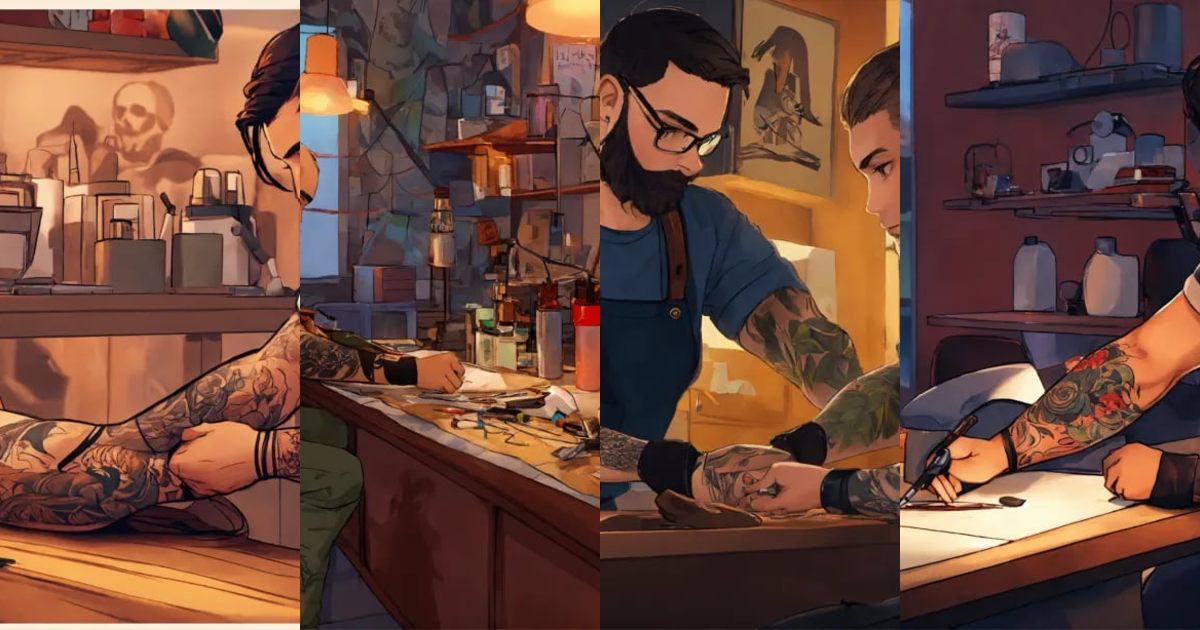Lexica - 2d illustration of tattoo artist working on a customer's arm ...