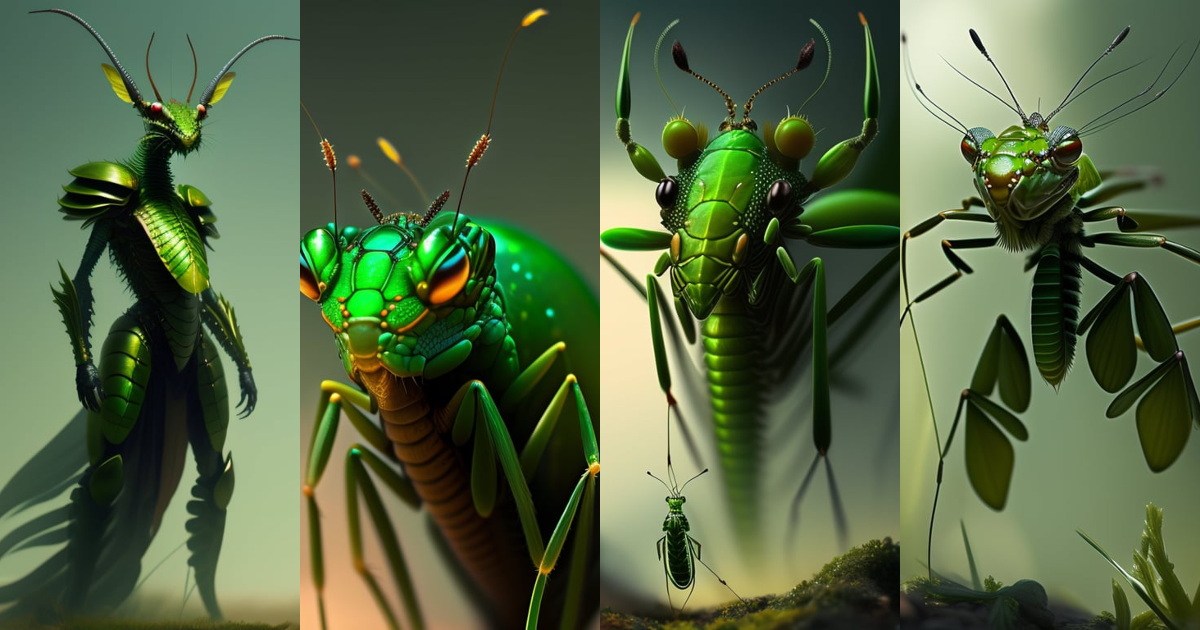 Lexica - Full body shot a of green man - mantis ; head with antennae ...