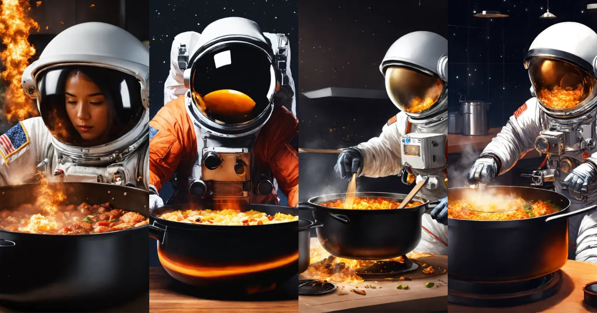 Lexica - Astronaut, cooking in a black pot without handle, realistic