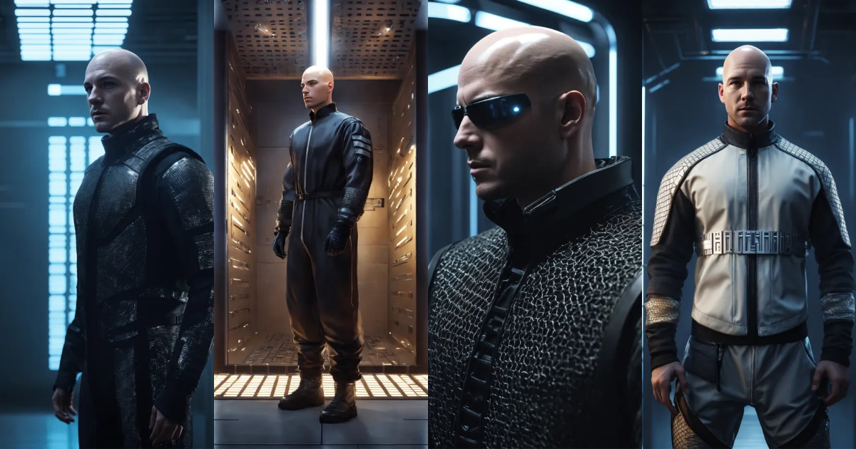 Lexica - White male prisoner, bald, in futuristic black cyber clothing ...