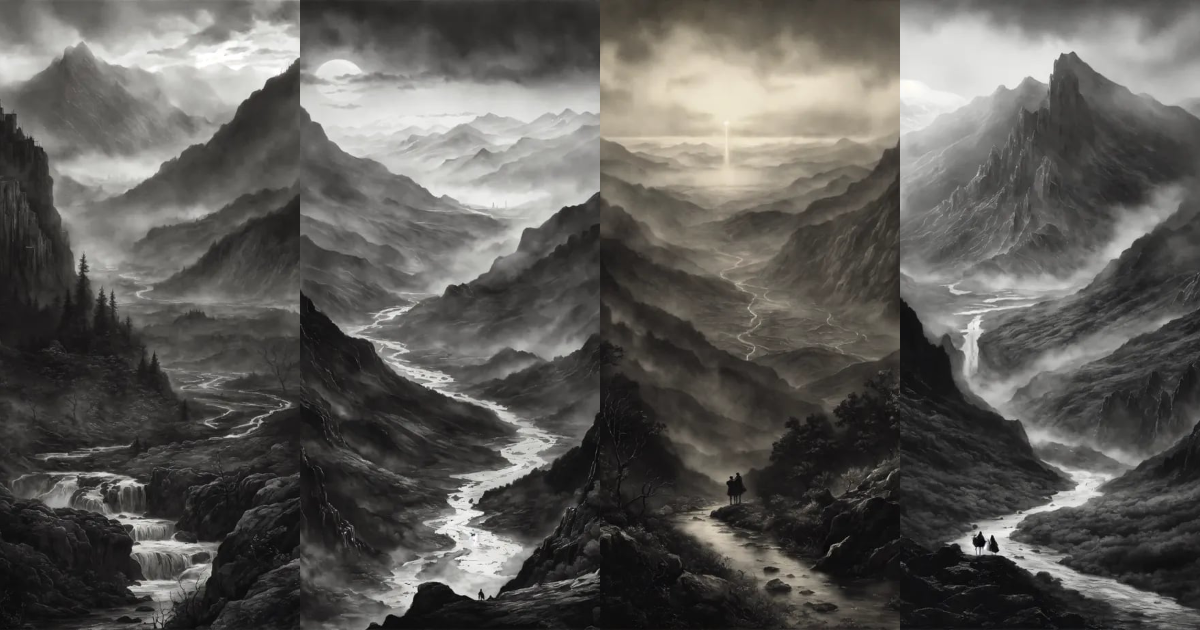 Lexica - 1920's dark fantasy book cover paper art of a dark valley ...