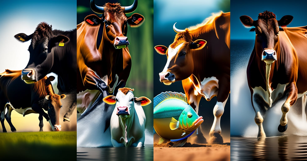 Lexica - I need a picture of a cow fighting with a fish, where the cow ...