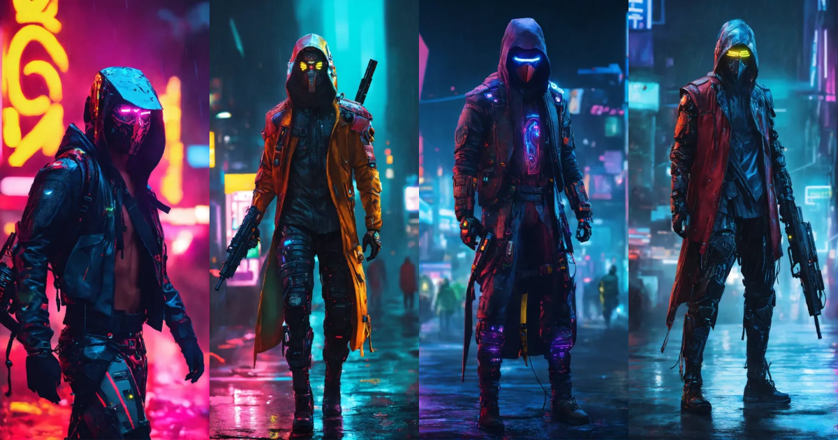 Lexica - Futuristic edgerunner masked assassin, half cyborg, full body ...