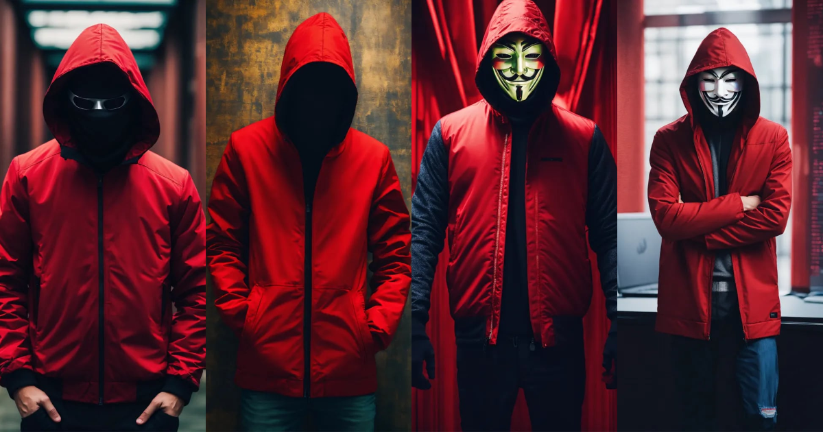 Lexica - Anonymous hacker in red jacket with hidden face with arms crossed