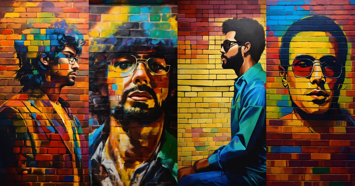 Lexica - Imagine a man painted on a brick wall. This man is in several ...