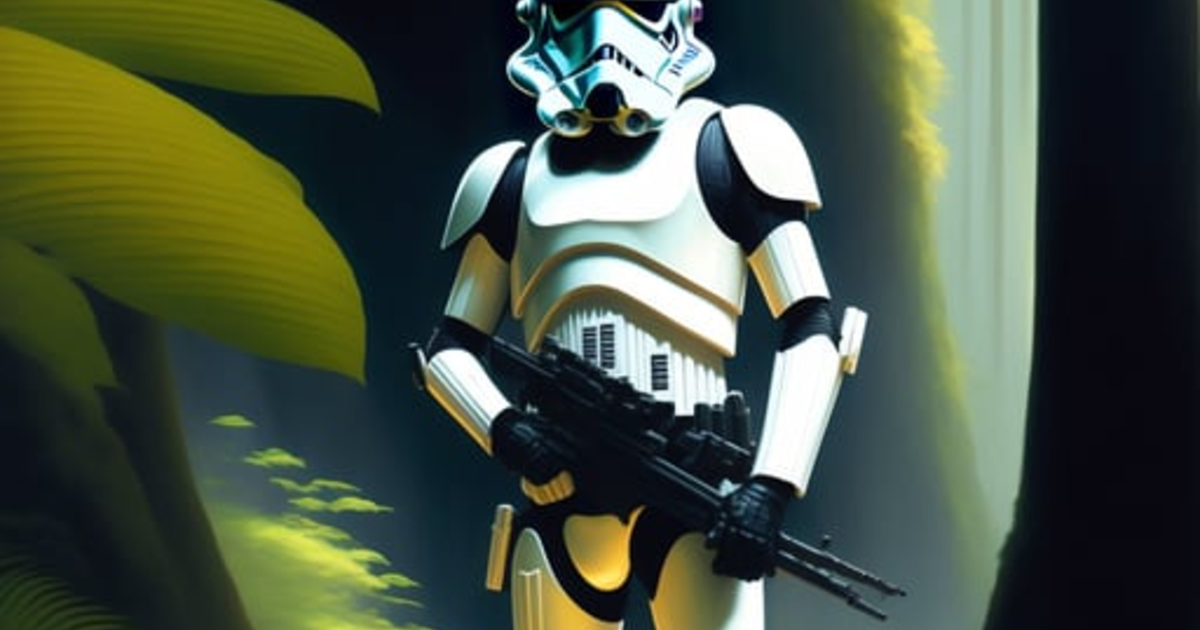 Lexica - "Stormtrooper in Fantasy Jungle" by Syd Mead, cold color palette, muted colors ...