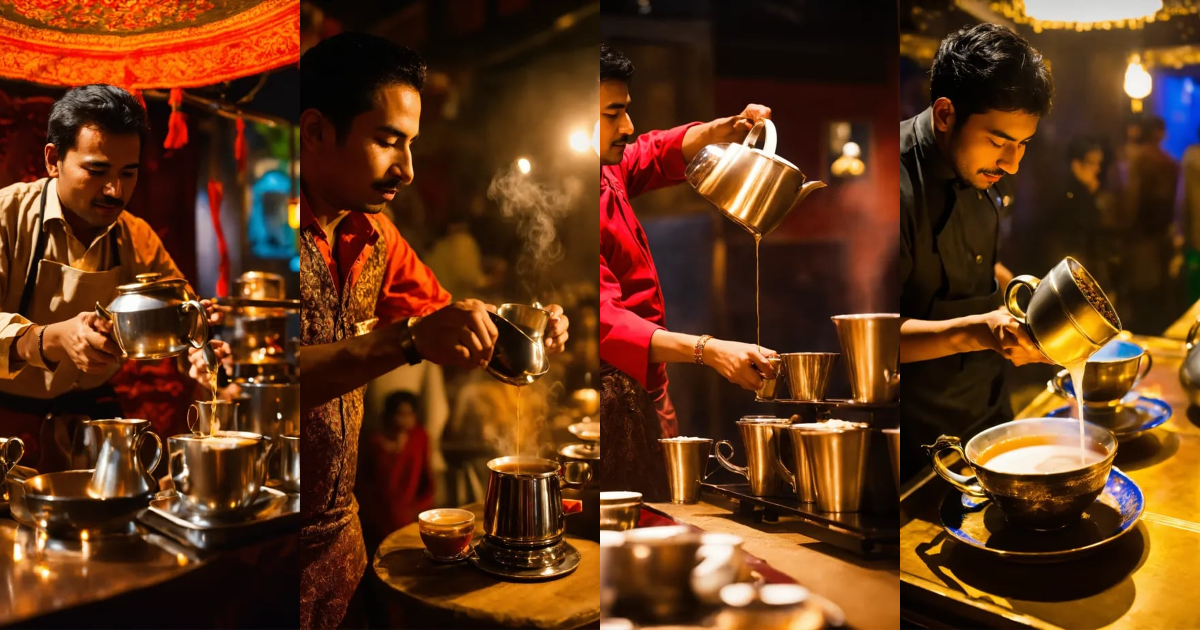 Lexica - Chai master pouring Chai tea from one cup to another cup that ...