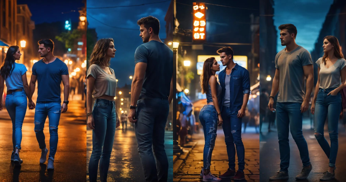 Lexica - A beautiful girl in a t-shirt and jeans and a beautiful man ...