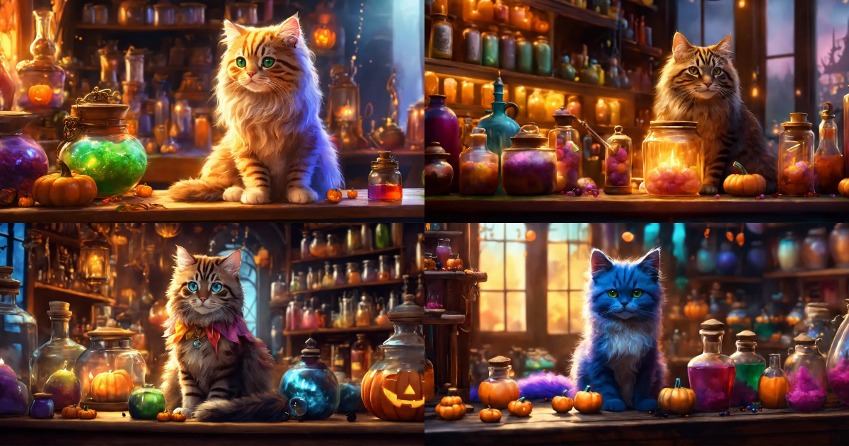 Lexica - Fluffy cute cat in a potions and potions shop on Halloween ...