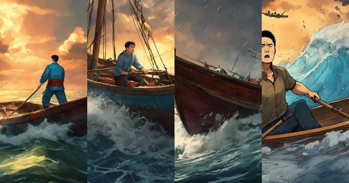 Lexica - Draw me a picture in the form of a comic book of a broken boat ...