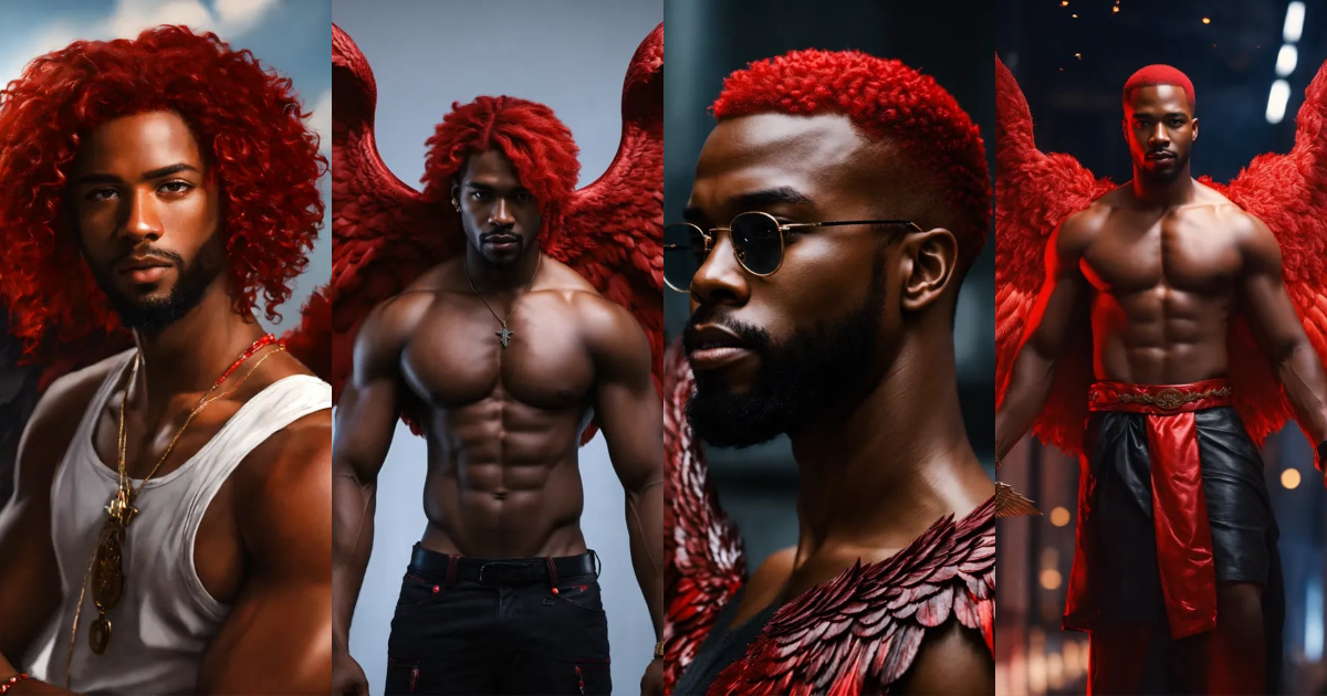 Lexica - Black man red hair modern red winged angel 4k