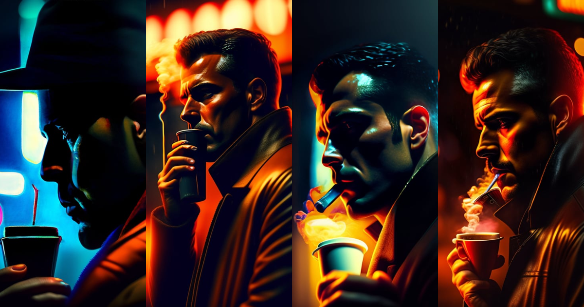 Lexica - A film shot of a detective smoking while drinking his coffee ...