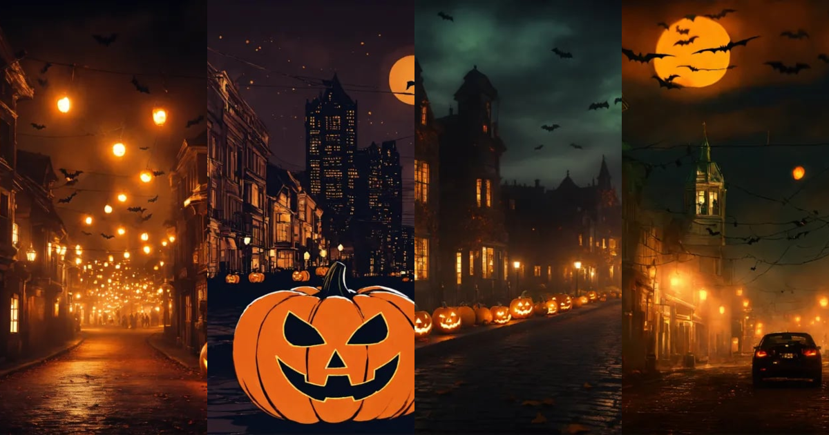 Lexica - Eeeire Halloween scene of a dark city with pumpkin lights.