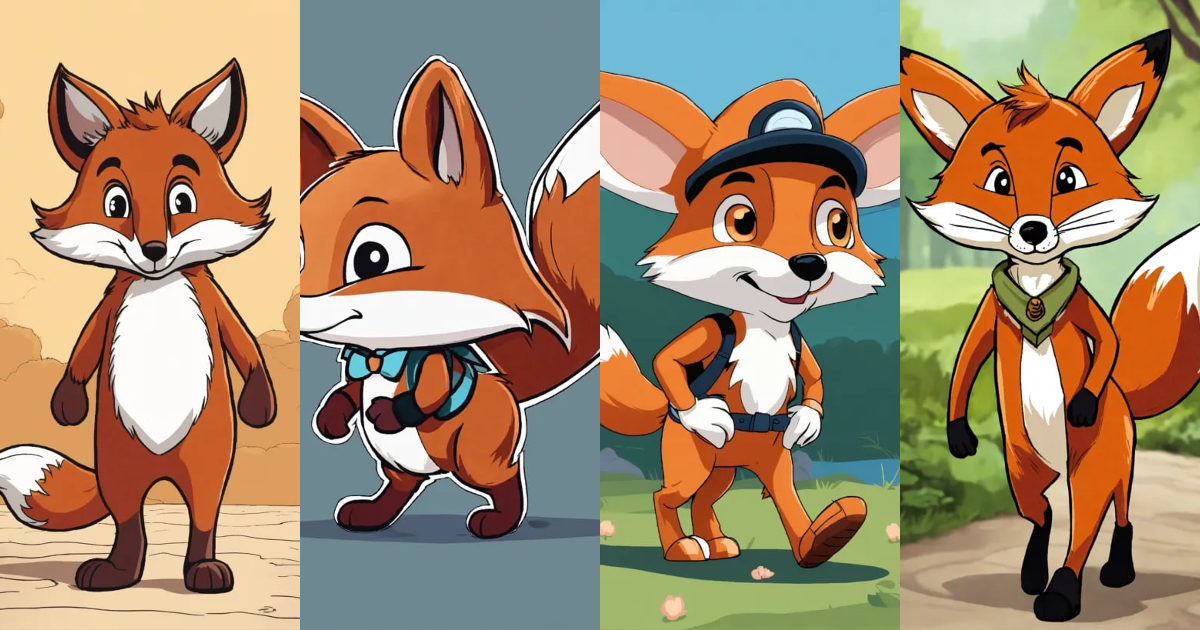 Lexica - Felix the Fox facing front, walking cartoon