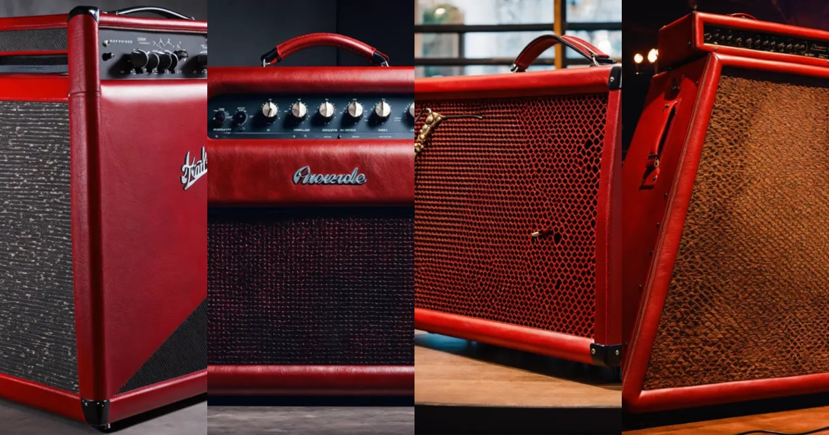 Lexica - A gigantic triangular shaped red leather guitar amplifier.