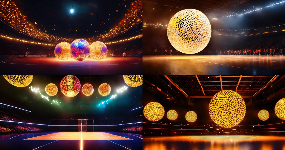 Lexica - Design an image featuring 50 illuminated handballs forming ...