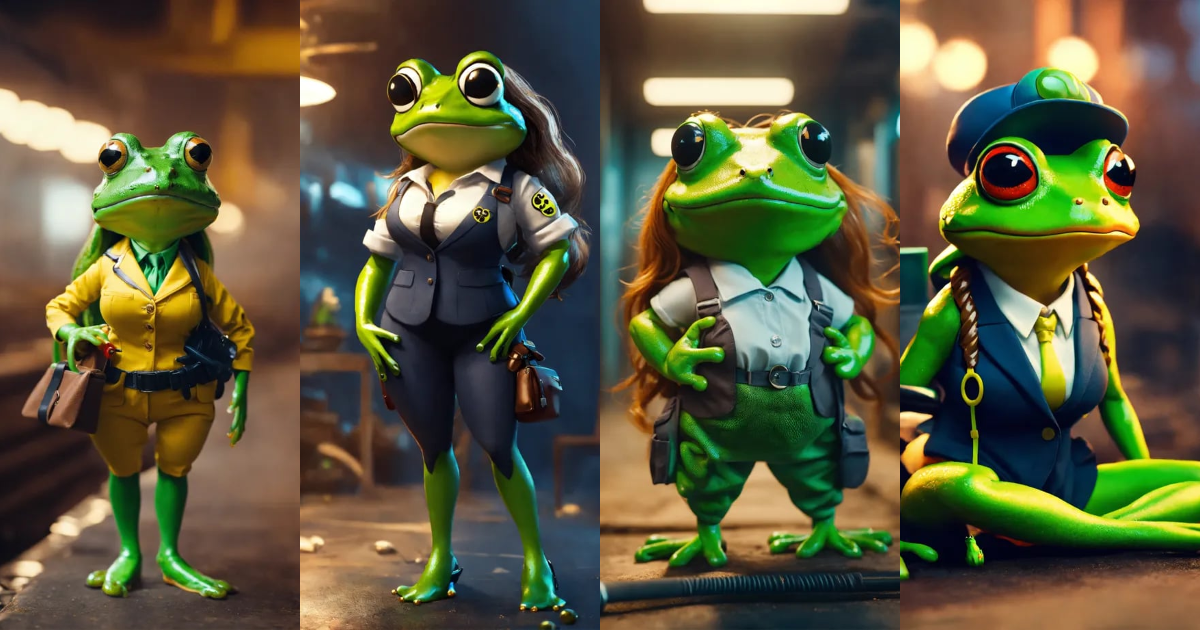 Lexica - Cute lady frog in work suit with long hair in cinematic ...