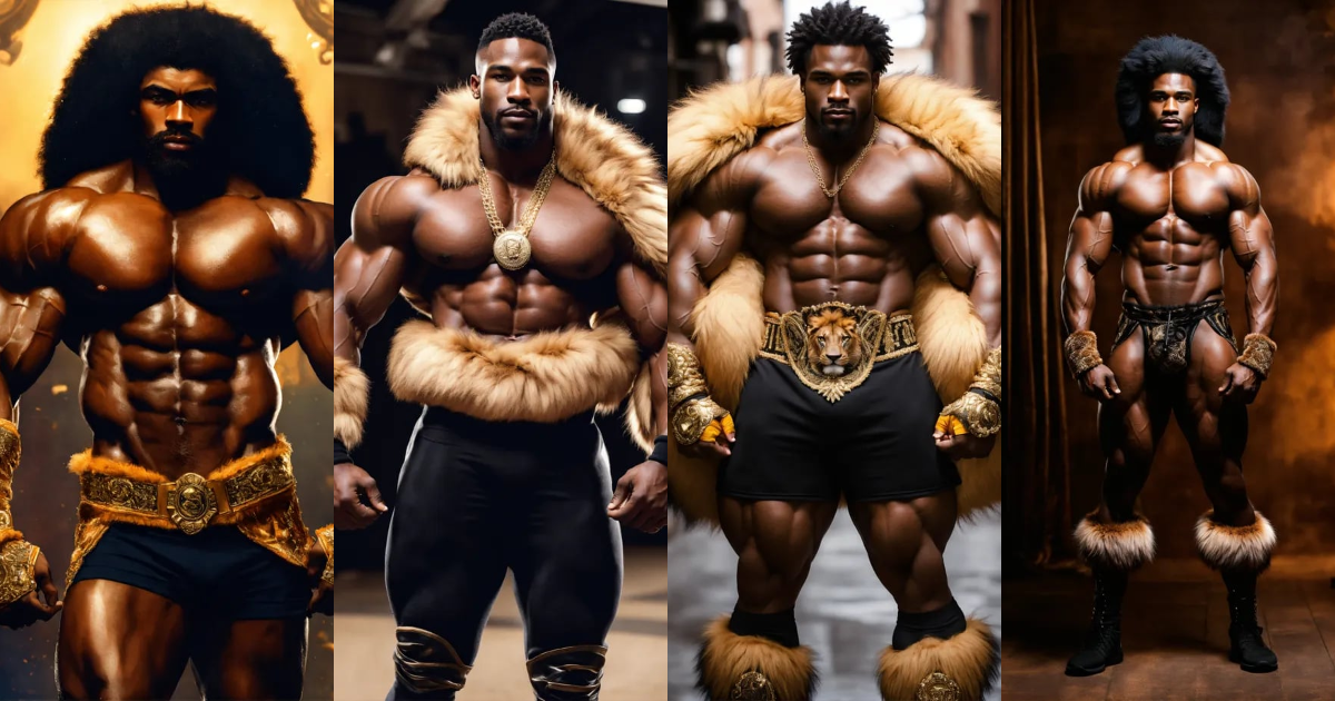 Lexica - A full picture of a handsome black bodybuilder in fur lion cloth