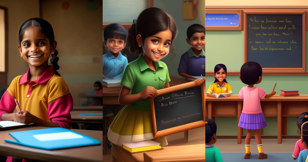 Lexica - Scene: Raju's classroom with a chalkboard, desks, and chairs ...