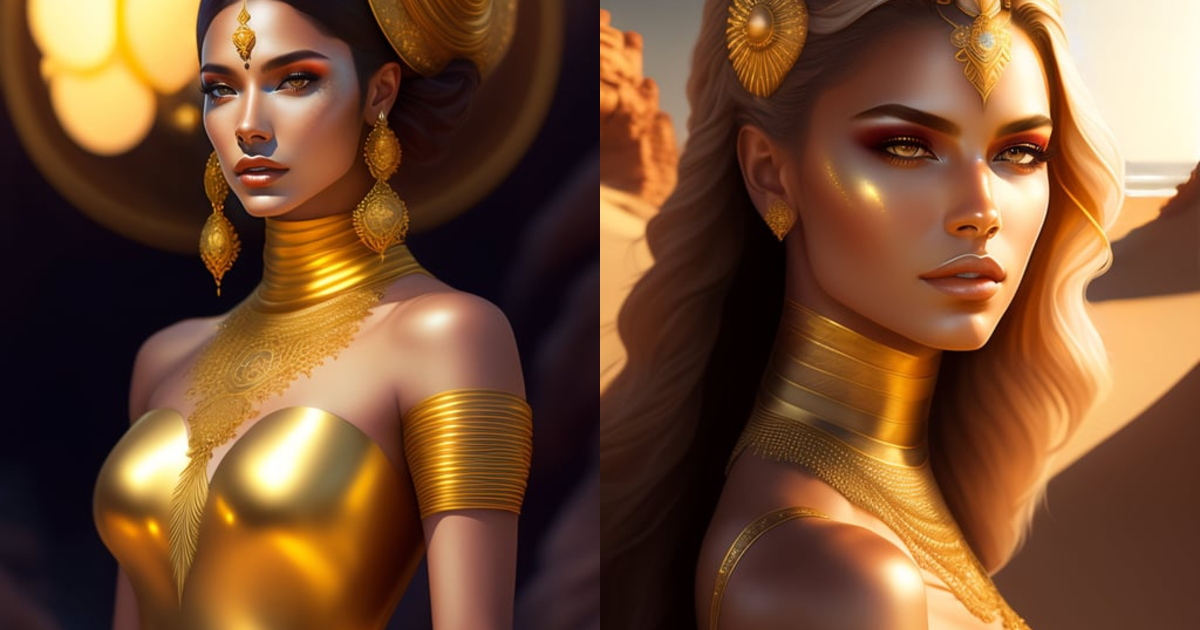 Lexica - A beautiful cinematic female sand goddess, golden dress, glow ...