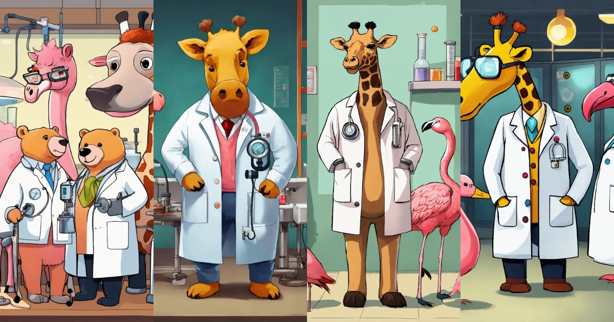 Lexica - A giraffe, a bear and a flamingo dressed as scientist with lab ...