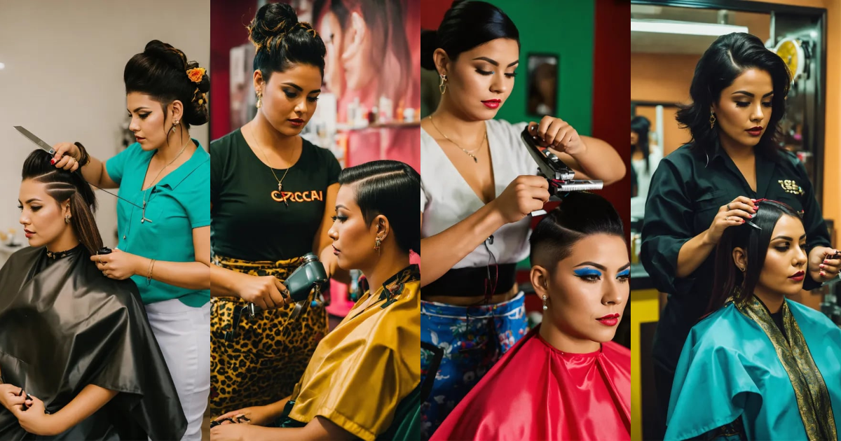 Lexica - A female stylist dressed as a chola or pachuca, cutting a ...