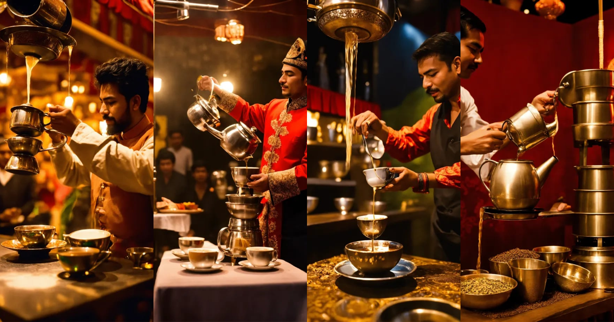 Lexica - Chai master pouring Chai tea from one cup to another cup that ...
