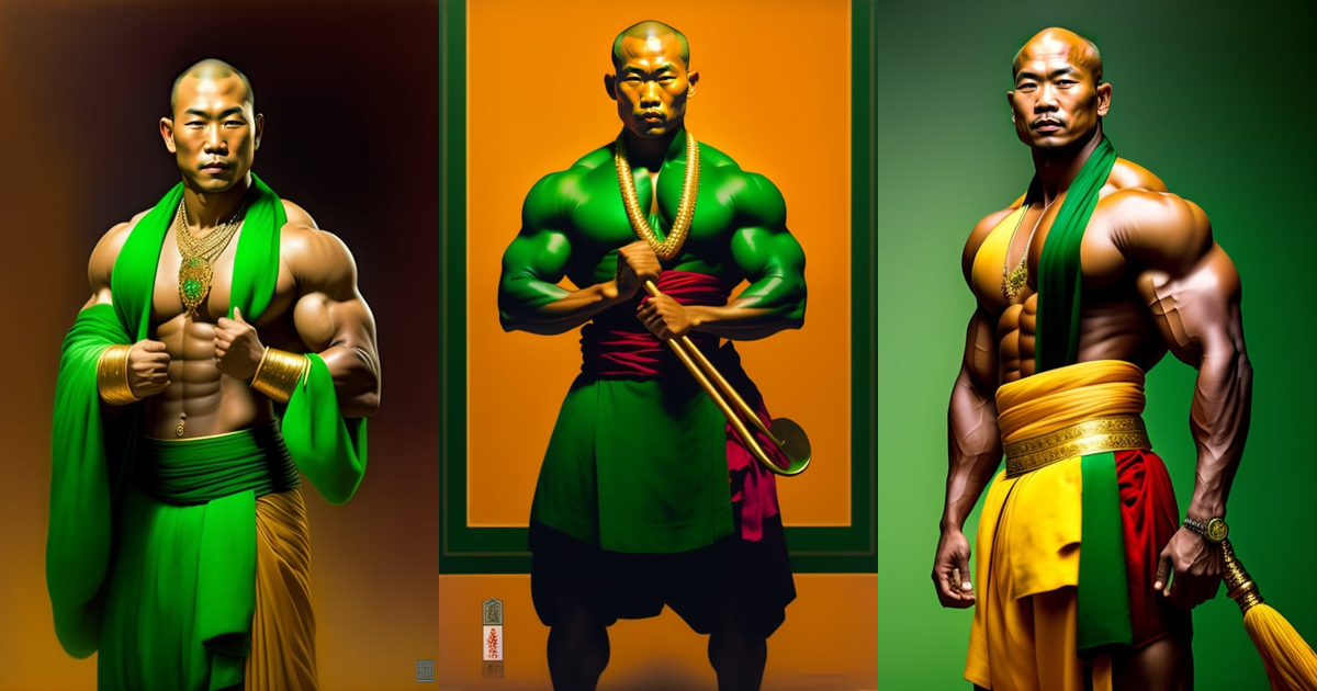 Lexica - Asian monk with bulging muscles and green and gold cloth pants ...