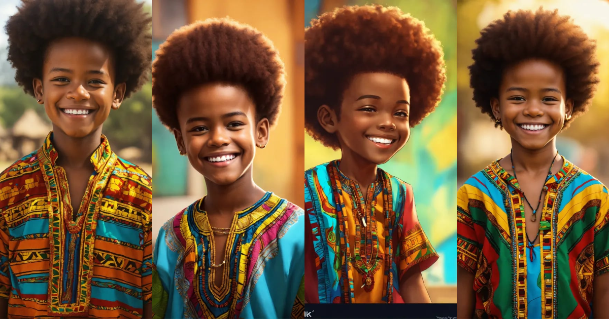 Lexica - 4K cartoon, young boy smiling, amazing afro, wearing vivid ...