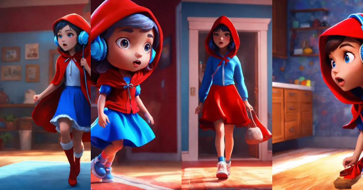 Lexica - Cartoons scared modern Red Riding Hood, wearing short blue ...