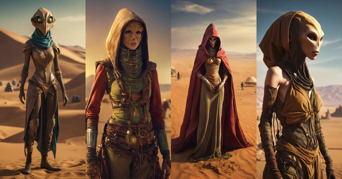 Lexica - Very slim and tall female alien creature merchant on a desert ...