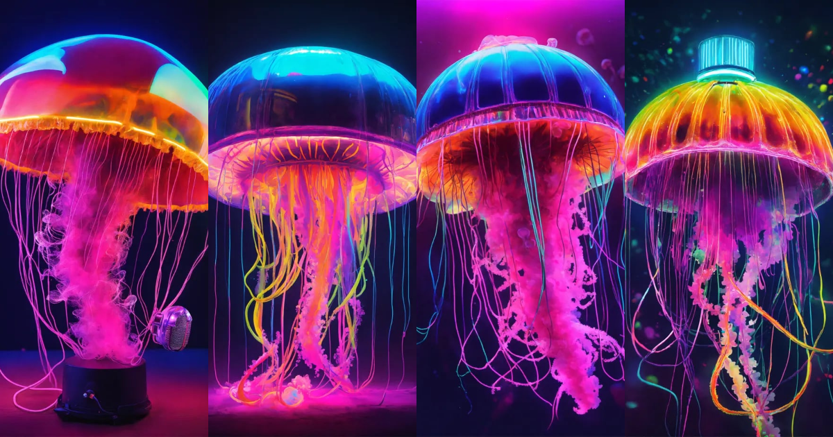 Lexica - Crazy singing fluroszing jellyfish with a microphone in neon ...