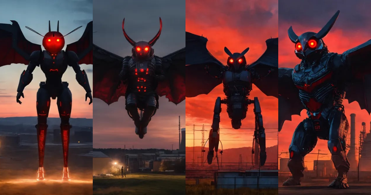 Lexica - Humanoid mothman with black body and red glowing eyes flying ...